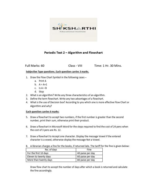 Class 8 Algorithm And Flowchart Test Pdf