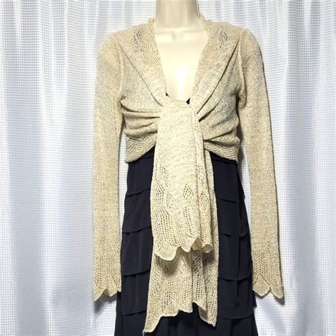 Bebe Sweaters Bebe Gold Metallic Long Sleeve Knit Tie Front Bolero