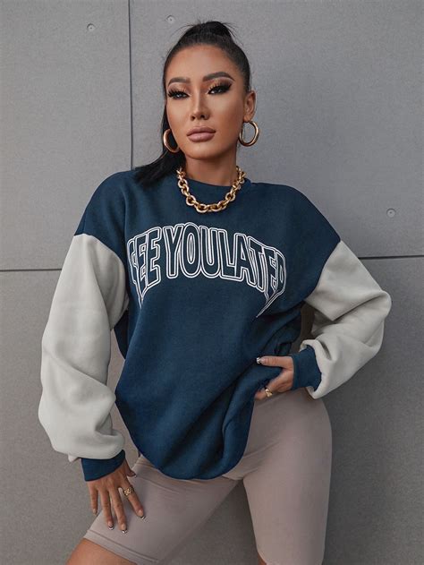 Colorblock Letter Graphic Drop Shoulder Sweatshirt Sporty Outfits
