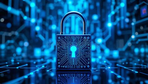 A Futuristic Digital Design Concept Shows A Blue Electronic Padlock Securing Binary Code Data On