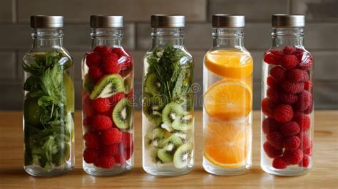 Five Glass Bottles Filled With Infused Water And Fruit Stock Illustration Illustration Of