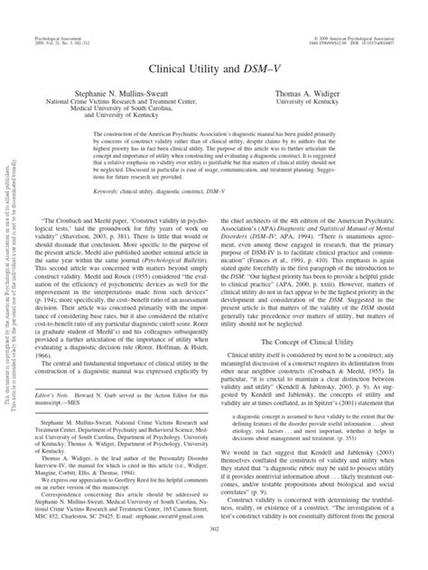 Clinical Utility And Dsm V Stephanie N Mullins Sweatt Thomas A Widiger Pdf Diagnostic And