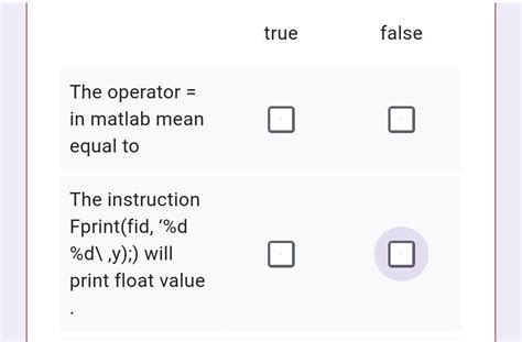 Solved True False The Operator In Matlab Mean Equal To The