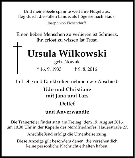 Traueranzeigen Von Ursula Wilkowski Trauer In Nrwde