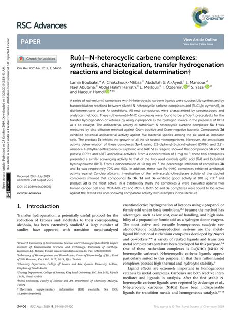 Pdf Ru Ii N Heterocyclic Carbene Complexes Synthesis Characterization Transfer