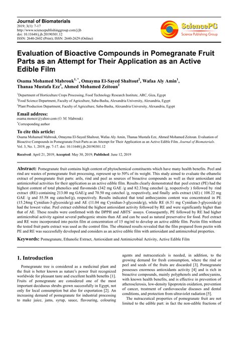 Pdf Evaluation Of Bioactive Compounds In Pomegranate Fruit Parts As