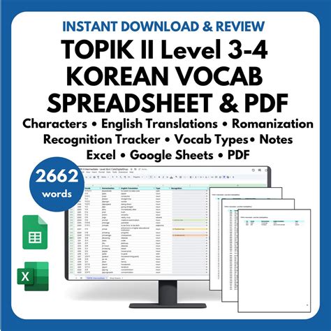 Topik Ii Level 3 4 Intermediate Korean Vocab List Spreadsheet Tracker