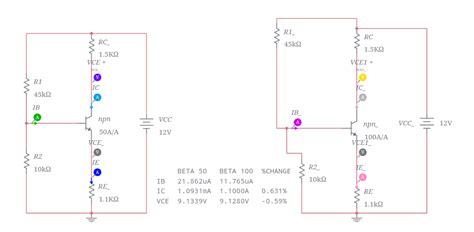 Voltage Divider Bias Configuration For Beta 50 And Beta 100 Multisim Live
