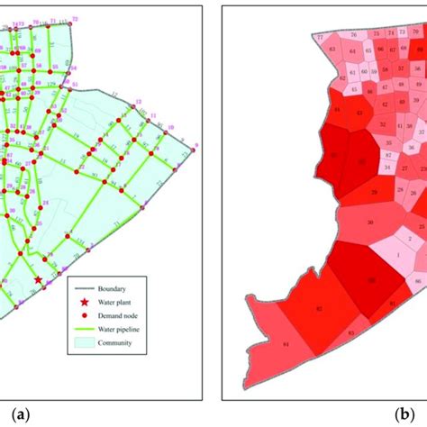 Water Supply Network And Service Area Of Different Demand Nodes A Download Scientific