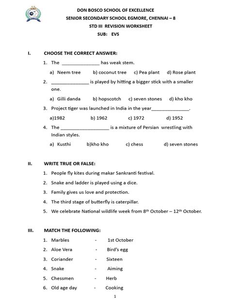 Std 3 Evs Te 1 Revision Worksheet Pdf