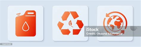 재활용 기호와 잎 가솔린과 행성 지구를위한 캐니스터 및 재활용을 설정합니다 흰색 정사각형 버튼 벡터 0명에 대한 스톡 벡터 아트 및 기타 이미지 Istock
