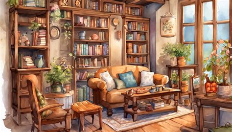 There Is A Living Room，there Are A Lot Of Books On The Shelves Cozy