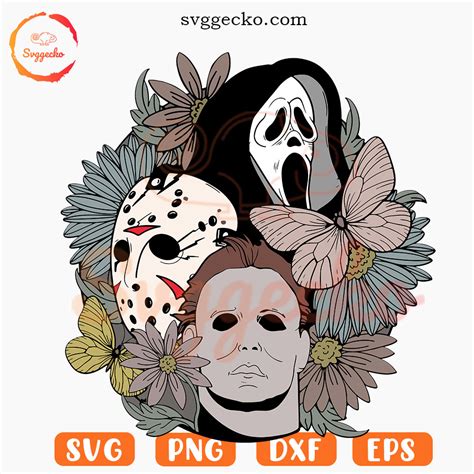 Horror Retro Floral Svg Jason Michael Ghostface Svg Halloween Vintage Svg Png Cut Files Gecko