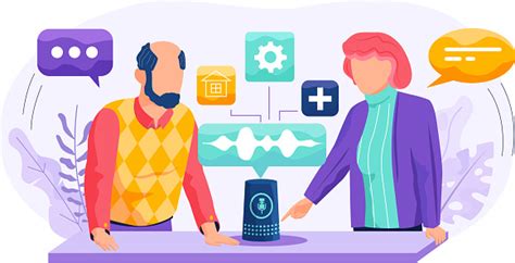 음성 도우미 스마트 스피커 가상 비서 사운드 로봇 음성 제어 스마트 스피커를 사용하는 사람들 Brand Name Online Messaging Platform에 대한 스톡