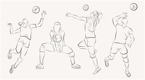 사람들이 배구 라인 아트 그림을 재생 프리미엄 벡터