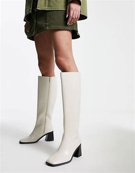 Monki Knee High Heeled Boots In Cream Asos