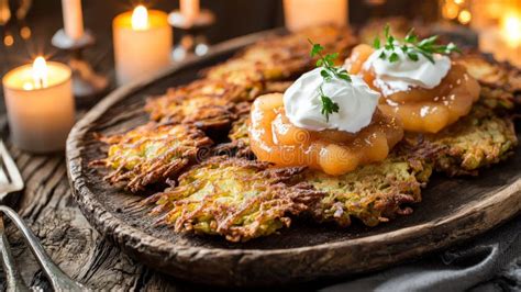 Crispy Potato Pancakes Topped With Applesauce And Sour Cream Served On