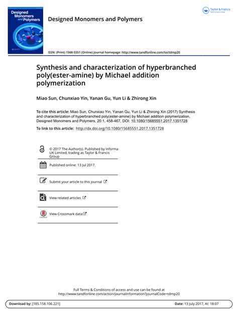 Pdf Synthesis And Characterization Of Hyperbranched Polyester Amine By Michael Addition