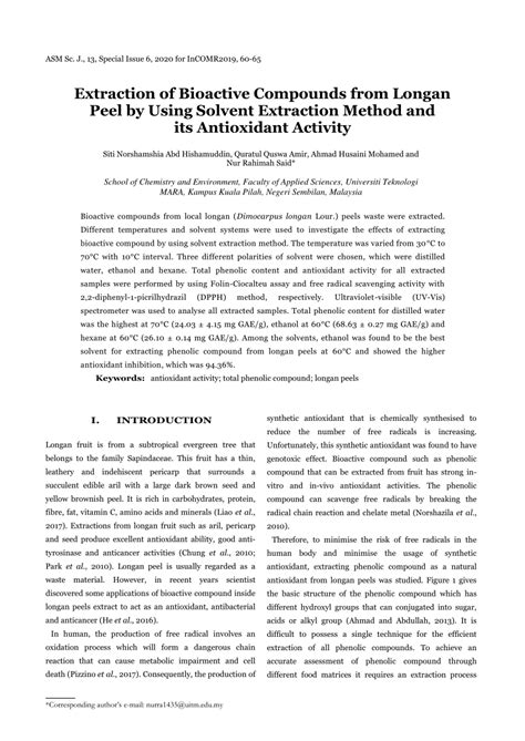 Pdf Extraction Of Bioactive Compounds From Longan Peel By Using Solvent Extraction Method And