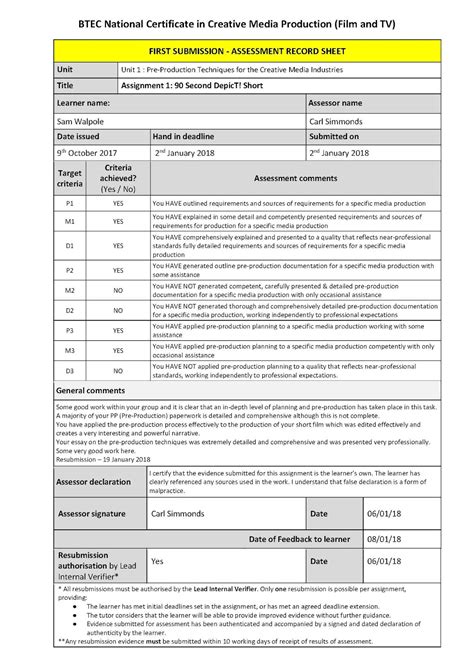 Assignment 1 Feedback Sheet