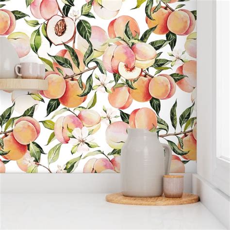 Large Peach Orchard White Summer Wallpaper Spoonflower
