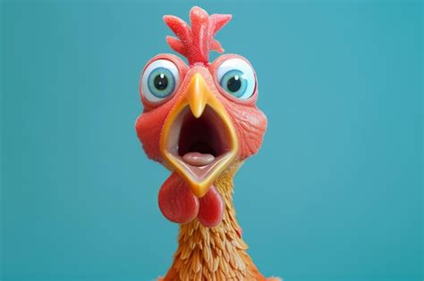 Cartoon Chicken With Open Mouth And Big Eyes On Blue Background