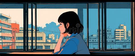 Lo Fi Girl Watching In The Window Retro Pop Art Illustration Anime Style Stock Illustration