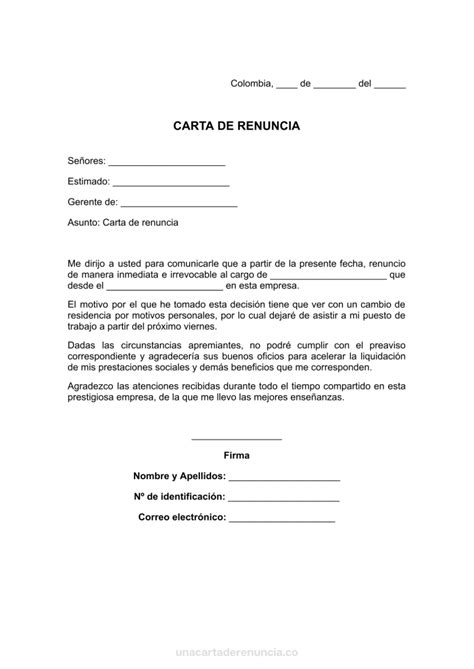 Carta De Renuncia A Una Empresa De Transporte Carta De Renuncia Colombia