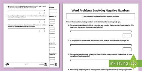 Word Problems Involving Negative Numbers Teacher Made
