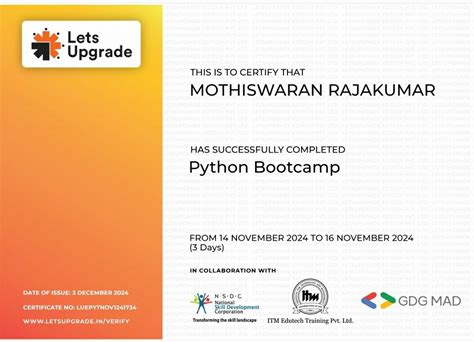 Mothiswaran R On Linkedin Got A Python Bootcamp Certificate In Letsupgrade