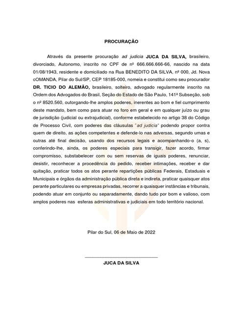 Procuração Conferindo Amplos Poderes A Advogado Para Representação