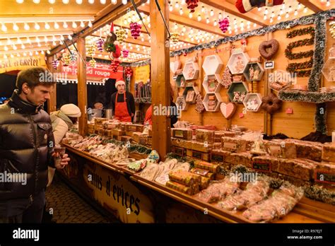 Stalls Of Traditional Food In Christmas Market In Strasbourg The