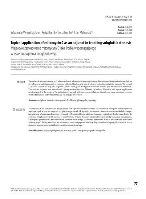 Pdf Topical Application Of Mitomycin C As An Adjunct In Treating Subglottic Stenosis
