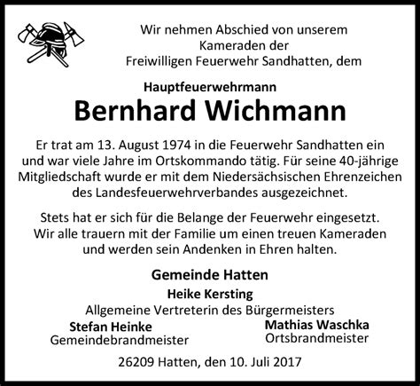 Traueranzeigen Von Bernhard Wichmann Nordwest Trauer De