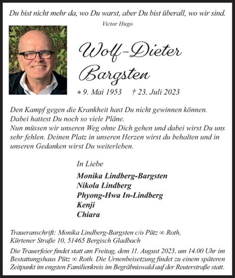 Traueranzeigen Von Wolf Dieter Bargsten Wirtrauern