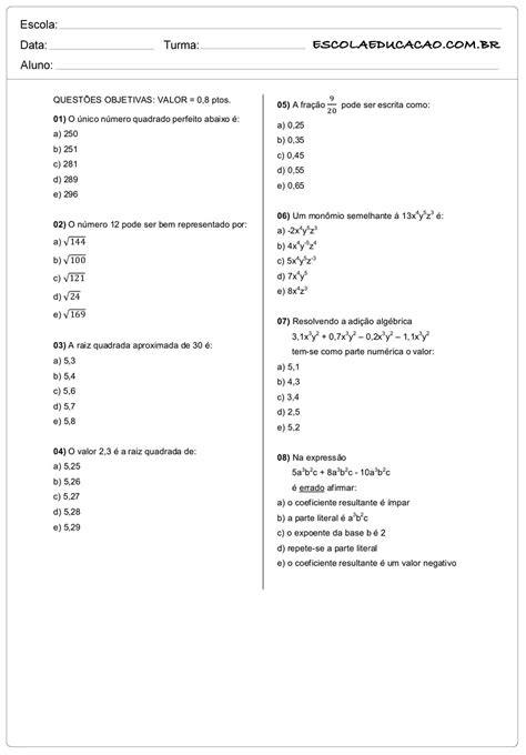 Atividade De Matematica Do 8 Ano Nazaedu
