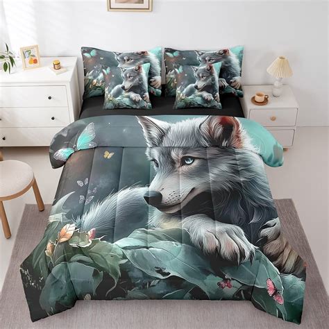 White Wolf King Bed In A Bag 7 Piece Rustic Farm Butterfly Print Bedding Sets Cute Aniaml Wolf