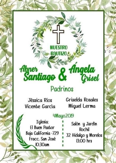 Invitación De Bautizo Doble Con Hojas Verdes