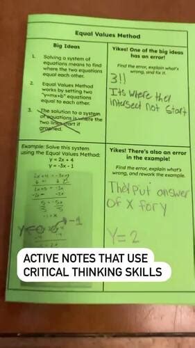 Solving Systems Of Equations Algebraically Equal Values Method Notes