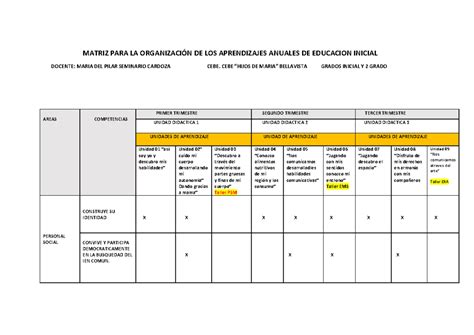 Matriz De Aprendizajes Matriz Para La OrganizaciÓn De Los