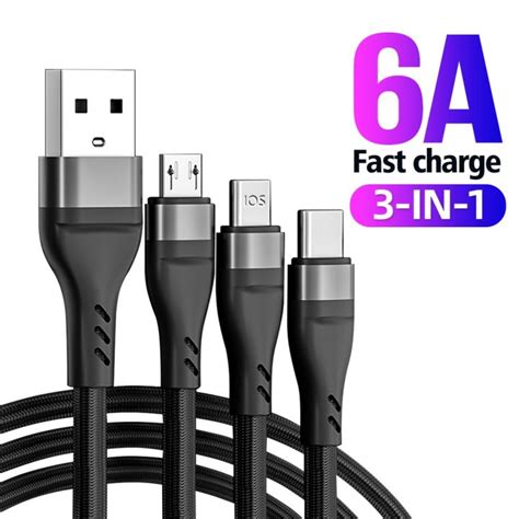 6a Fast Charging Data Cable Wire 3 In 1 Braided Durable Android Micro