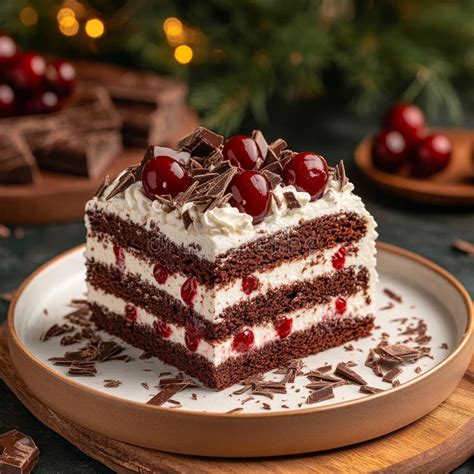 Delicious Black Forest Cake Slice With Whipped Cream And Cherries