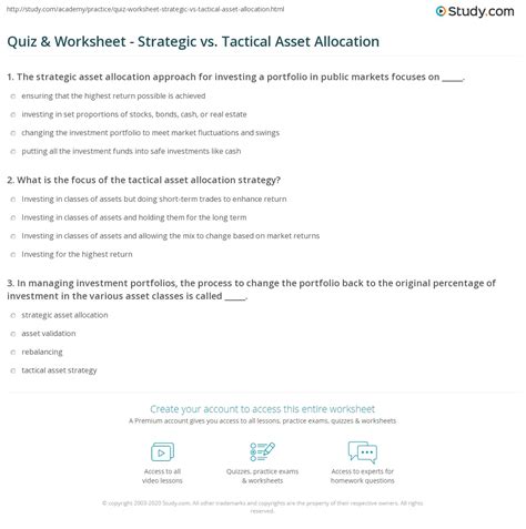 Quiz And Worksheet Strategic Vs Tactical Asset Allocation