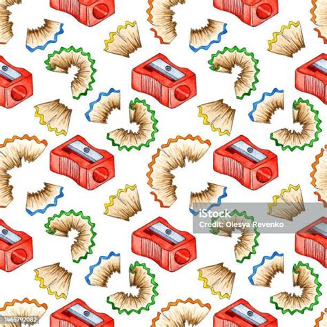 Pattern Red Sharpener And Pencil Flakes Watercolor Stock Illustration Download Image Now