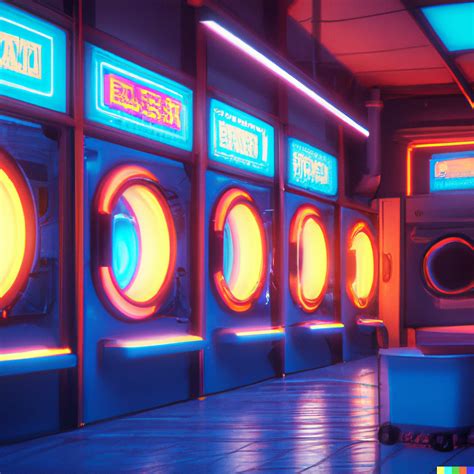 Neon Futuristic Laundromat At Night Only Lit By Fluorescent Lights