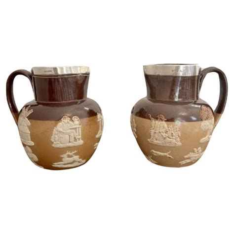 Unusual Pair Of Quality Antique Doulton Lambeth Harvest Jugs With