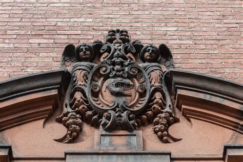 Elaborately Carved Stone Entry Pediment Architectural Ornament Stock