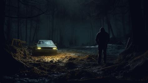 Premium Ai Image Man Digging A Grave With Pickaxe Car With Headlight On At Night In The Forest