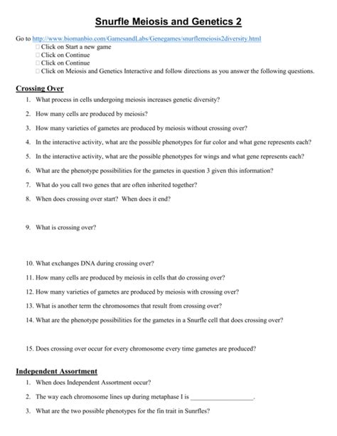 Snurfle Meiosis And Genetics Worksheet For High School