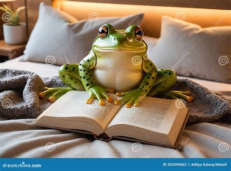 Cute Frog Reading A Book In Bed Generative Ai Royalty Free Stock Image